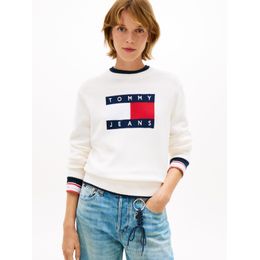 Strickpullover Tommy Jeans "TJW TIPPING FLAG SWEATER EXT", Damen, Gr. L (40), ancient wei&szlig;, Strick, Obermaterial: 100% Baumwolle, unifarben, relaxed fit h&uuml;ftbedeckend, Rundhals, Rippstrickb&uuml;ndchen, Pullover Strickpullover, mit Logo-Intarsie, Relaxed Fit