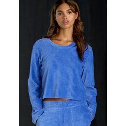 Langarmshirt Buffalo, Damen, Gr. 32/34, blau, Cord, Obermaterial: 62% Baumwolle, 36% Polyester, 2% Elasthan, bequem, Rundhals, Trompeten&auml;rmel, Shirts Langarmshirt, mit weicher Cord-Struktur