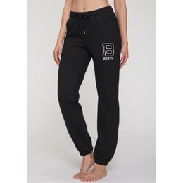 Jogginghose BENCH. LOUNGEWEAR, Damen, Gr. 32/34, N-Gr, schwarz, angeraute Sweatware, Obermaterial: 60% Baumwolle, 40% Polyester, unifarben, Basic, klassisch lang, Hosen Jogginghose, mit seitlichen Taschen und Logoprint, Loungewear