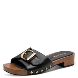 Pantolette Tamaris, Damen, Gr. 40, schwarz, Leder, unifarben, Schuhe Pantolette, Sommerschuh, Schl&uuml;pfschuh mit markanter Zierschnalle