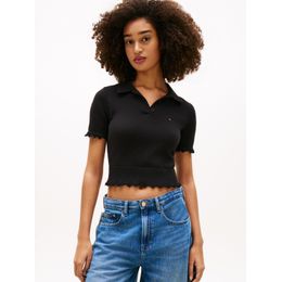 Strickpullover Tommy Jeans "TJW LETTUCE POLO SWEATER", Damen, Gr. M (38), schwarz, Strick, Obermaterial: 100% Baumwolle, unifarben, slim fit taillenbedeckt, Pullover Strickpullover, Kurzarm mit Kr&auml;uselsaum