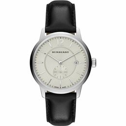 Burberry BU10000 Klassische Runde Beige Zifferblatt Schwarzes Leder Herrenuhr