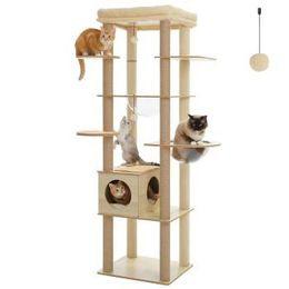Pawz Road PWAZ Road Kratzbaum f&uuml;r gro&szlig;e Katzen, 181 cm hoch, mit Acryl-H&auml;ngematte, Multi-Stufe Holz Katzenbaum mit gro&szlig;er Katzenh&ouml;hle, Kratzs&auml;ule & Kratzpad, Beige
