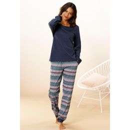 Pyjama Vivance Dreams, Damen, Gr. 32/34, blau (navy), Single Jersey, Obermaterial: 100% Baumwolle, ethno, Basic, loose fit lang, Rundhals, eingesetzt, Homewear-Sets Pyjama, mit buntem Zick-Zack-Muster, Topseller