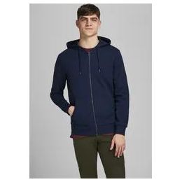 Jack & Jones Kapuzensweatjacke JACK & JONES "JJEBASIC Hoodie mit Rippb&uuml;ndchen und angenehmem Tragegef&uuml;hl", Damen, Gr. L, blau (navy), Sweatware, Obermaterial: 85% Baumwolle, 15% Polyester, unifarben, normal h&uuml;ftbedeckend, Rundhals, Rippb&uuml;ndchen, Sweatjacken, unifarben, modisch, regular fit, Baumwollmischung, Rundhals