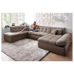 Wohnlandschaft DOMO collection "Moric U-Form, auch in Cord, Breite 353cm, viel Platz", braun (espresso, beige, braun), B:353cm H:80cm T:95cm, Microfaser PRIMABELLE / Struktur (90% Polyester/ 10% Polyacryl);Kunstleder SOFTLUX / Struktur (90% Polyester/ 10% Polyacryl), Sofas, Wohnlandschaft, im XXL-Format, wahlweise mit Bettfunktion und Armlehnenverstellung