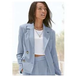Kurzblazer Lascana, Damen, Gr. 38, blau (hellblau), Web, Obermaterial: 64% Polyester, 32% Viskose, 4% Elasthan. Futter: 100% Polyester, unifarben, figurbetont h&uuml;ftlang, Blazer Kurzblazer, mit doppelreihigem Knopfverschluss, Damenblazer, sportlich-elegant, Topseller
