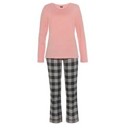 H.I.S. Pyjama H.I.S, Damen, Gr. 42, rosa (dunkelrosa, schwarz, grau, kariert), Single Jersey, Obermaterial: 100% Baumwolle, Basic lang, Rundhals, Homewear-Sets Pyjama, mit karierter Schlafhose