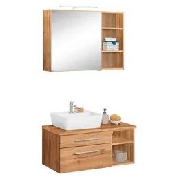 Badm&ouml;bel-Set Welltime "Davos", braun (eichefarben), Becken links, Kastenm&ouml;bel-Sets, Badm&ouml;bel-Set, Spiegelschrank, Regal und Waschtisch