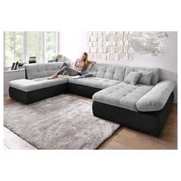 Wohnlandschaft DOMO collection "Moric U-Form, auch in Cord, Breite 353cm, viel Platz", silber (schwarz, silber), B:353cm H:80cm T:95cm, Microfaser PRIMABELLE / Struktur (90% Polyester/ 10% Polyacryl);Kunstleder SOFTLUX / Struktur (90% Polyester/ 10% Polyacryl), Sofas, Wohnlandschaft, im XXL-Format, wahlweise mit Bettfunktion und Armlehnenverstellung