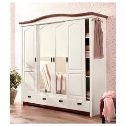 Schiebet&uuml;renschrank OTTO HOME "Konrad, Landhausstil, rustikal, mit Schubladen + Spiegel, Kassetten", wei&szlig; (wei&szlig;, kirschbaumfarben gewachst), B:202cm H:207cm T:64cm, Glas, Massivholz, Schr&auml;nke, Schiebet&uuml;renschrank, massive Kiefer, FSC-zertifiziert, Messinggriffe, mehrere Varianten
