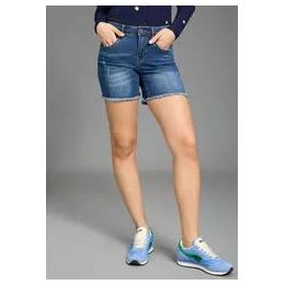 Jeanshotpants Kangaroos, Damen, Gr. 48, N-Gr, blau (dunkelblau u), Denim/Jeans, Obermaterial: 76% Baumwolle, 16% Polyester, 7% Viskose, 1% Elasthan, Destroyed-Effekte, bequem kurz, Jeans, kurze Schnittform, mit Destroyed-Effekten, klassische Leibh&ouml;he