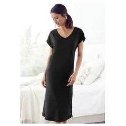 Nachthemd Lascana, Damen, Gr. 40/42, N-Gr, schwarz, Single Jersey, Obermaterial: 50% Baumwolle, 50% Viskose, unifarben, bequem Midi, V-Ausschnitt, angeschnitten,mit Aufschlag, Kleider Nachthemd, mit Seitenschlitzen