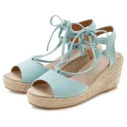Keilsandalette Lascana "Sommerschuh, offener Schuh, Sandale, Sandalette", Damen, Gr. 42, blau (eisblau), Obermaterial: 100% Textilmaterial. Decksohle: 100% Textilmaterial. Futter: 100% Lederimitat. Laufsohle: 100% Synthetik, unifarben, Basic, Schuhe, mit Keilabsatz, Bast-Optik & Schn&uuml;rung VEGAN