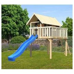Spielturm Akubi "Fidel", grau (terragrau), Spielt&uuml;rme, KinderB:198cm H:329,5cm T:243cm, Holzwerkstoff, BxTxH: 198x243x330 cm, mit Rutsche in blau, B:198cm H:329,5cm T:243cm