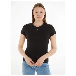 Tommy Hilfiger Kurzarmshirt TOMMY JEANS "TJW ESSENTIAL RIB SHORT SLEEVE EXT", Damen, Gr. XL (42), schwarz, Single Jersey, Obermaterial: 95% Baumwolle, 5% Elasthan, unifarben, slim fit h&uuml;ftlang, Rundhals, abgesteppte Kante, Shirts, Baumwollmischung in gerippter Struktur, Slim Fit