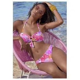Bandeau-Bikini-Top Sunseeker, Damen, Gr. 32, Cup A/B, lila (lila, orange), Microfaser, Polyamid, bedruckt, Bikini-Oberteile, mit Zierring
