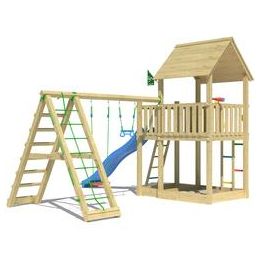 Spielturm Jungle Gym "Majesty", blau, Spielt&uuml;rme, KinderB:435cm H:349cm T:452cm, Holzwerkstoff, Spielanlage mit Schaukel, Kletterbock und Rutsche mit Wasseranschluss, B:435cm H:349cm T:452cm