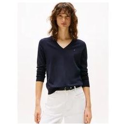 V-Ausschnitt-Pullover Tommy Hilfiger "CO JERSEY STITCH V-NK SWEATER", Damen, Gr. L (40), blau (desert_sky), Strick, Obermaterial: 67% Baumwolle, 33% Polyamid, unifarben, Basic normal, V-Ausschnitt, B&uuml;ndchen, Pullover, Kontrastfarbene Streifen im Ausschnitt und Logo Stickerei am &Auml;rmel