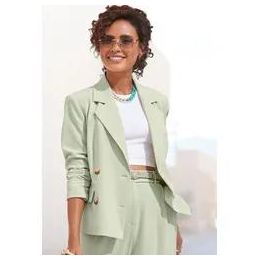 Kurzblazer Lascana, Damen, Gr. 46, gr&uuml;n (schilfgr&uuml;n), Web, Obermaterial: 64% Polyester, 32% Viskose, 4% Elasthan. Futter: 100% Polyester, unifarben, figurbetont h&uuml;ftlang, Blazer Kurzblazer, mit doppelreihigem Knopfverschluss, Damenblazer, sportlich-elegant, Topseller