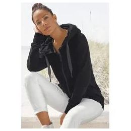 Kapuzensweatjacke ELBSAND "Kria", Damen, Gr. L (40), schwarz, Sweatware, Obermaterial: 95% Baumwolle, 5% Elasthan, unifarben, figurumspielend h&uuml;ftlang, angesetztes B&uuml;ndchen, Sweatjacken, mit Logodruck hinten, l&auml;ssige Freizeitjacke mit Taschen, Topseller