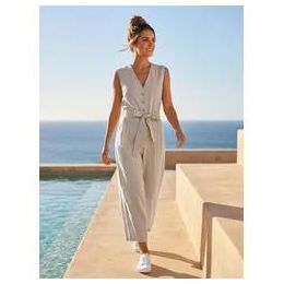 Overall Lascana, Damen, Gr. 44, N-Gr, beige (sand), Web, Obermaterial: 85% Viskose, 15% Leinen, unifarben, figurumspielend lang, V-Ausschnitt, Overalls Overall, und Taschen, sommerlicher Jumpsuit, casual-chic, Topseller