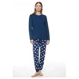 Schlafanzug Mey "Scribbled Dots", Damen, Gr. 44, blau (deep marine), Single Jersey, Obermaterial: 100% Baumwolle, bequem 7/8-L&auml;nge, Rundhals, Homewear-Sets Schlafanzug, Baumwolle, modern, bequem, gerade Form, Rundhals, Langarm