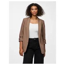 Blusenblazer Pieces "PCBOSELLA 3/4 BLAZER NOOS", Damen, Gr. S, beige (fossil), Web, Obermaterial: 79% Polyester, 16% Viskose, 5% Elasthan, unifarben, slim fit h&uuml;ftbedeckend, Blazer Blusenblazer, Materialmix, regular fit