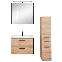 Badm&ouml;bel-Set SAPHIR "Quickset 395 3-teilig, Keramikwaschtisch mit LED-Spiegelschrank", braun, Riviera Eiche quer Nachbildungmit schwarzem L-Profil vorne, Kastenm&ouml;bel-Sets, Badm&ouml;bel-Set, Midischrank, inkl. T&uuml;rd&auml;mpfer, 5 T&uuml;ren, 3 Schubladen, Bad-Set