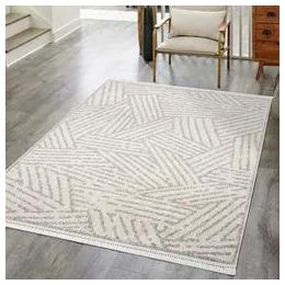 Teppich Carpet City "CLASICO 9161", beige, B:120cm H:11mm L:170cm, Obermaterial: 100% Polyester, Teppiche, Teppich, L&auml;ufer, Kurzflor, Hochtief-Muster, Boho, Fransen, Wohnzimmer