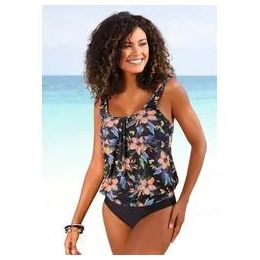 Tankini-Top Lascana "Malia", Damen, Gr. 50, N-Gr, grau (anthrazit, bedruckt), Microfaser, Microfaser, Polyamid, bedruckt, floral, Bikini-Oberteile, mit lockerem Schnit und tropischem Print, Topseller