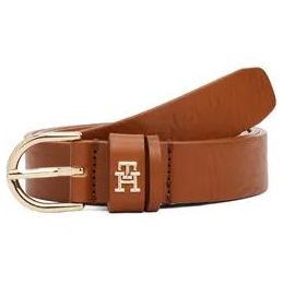 Lederg&uuml;rtel Tommy Hilfiger "ESSENTIAL EFFORTLESS 2.5 cm breit GOLD", Damen, Gr. 110, braun (cognac), Rindsleder, unifarben, G&uuml;rtel Lederg&uuml;rtel, Logoemblem, weiche Haptik, ovale Einfachdornschlie&szlig;e