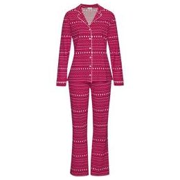 Pyjama Lascana, Damen, Gr. 32/34, rot (rot gemustert), Single Jersey, Obermaterial: 100% Baumwolle, gemustert, Basic, loose fit lang, V-Ausschnitt, eingesetzt Manschette, Homewear-Sets Pyjama, mit Alloverprint