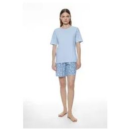 Shorty Mey "Flower Meadow", Damen, Gr. 40, blau (blau silk), Interlock, Obermaterial: 100% Baumwolle, bequem kurz, Rundhals, gerader Abschluss, Homewear-Sets Shorty, Rundhalsausschnitt, kurz&auml;rmlig, Oberteil uni, Hose gemustert
