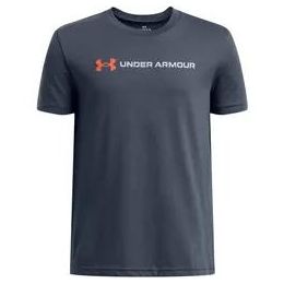 T-Shirt Under Armour "UA B LOGO WORDMARK SS", Jungen, Gr. L, grau (downpour gray, fire, mod gray), Obermaterial: 60% Baumwolle, 40% Polyester, Rundhals, Shirts T-Shirt, F&uuml;r Kinder