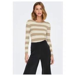 Jacqueline de Yong Rundhalspullover JDY "JDYPLUM L/S O-NECK PULLOVER KNT NOOS", Damen, Gr. XS, beige (humus stripes:birch), Strick, Obermaterial: 80% Viskose, 20% Nylon, geringelt, gestreift, figurbetont h&uuml;ftlang, Rundhals, Strickkante, Pullover Rundhalspullover
