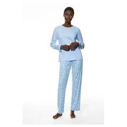 Schlafanzug Mey "Flower Meadow", Damen, Gr. 44, blau (blau silk), Single Jersey, Obermaterial: 100% Baumwolle, bequem lang, Rundhals, Homewear-Sets Schlafanzug, Komfortbund, Rundhalsausschnitt, bequem, Single Jersey, Langarm