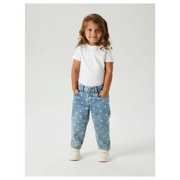 Mom-Jeans name it "NMFBELLA MOM SHAPED JEANS 3555-ON NOOS", M&auml;dchen, Gr. 104, N-Gr, blau (medium blau denimaop:hearts), Denim/Jeans, Obermaterial: 74% Baumwolle, 24% Polyester, 1% Elasthan, 1% Viskose, bedruckt, weit kn&ouml;chellang, Jeans