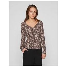 V-Shirt Vila "VILEOA V-NECK L/S TOP - NOOS", Damen, Gr. S, braun (nomad aop:leo), Jersey, Obermaterial: 95% Polyester, 5% Elasthan, bedruckt, h&uuml;ftlang, V-Ausschnitt, Shirts