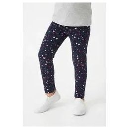 Sweatleggings happy girls, M&auml;dchen, Gr. 128, N-Gr, blau (navy), angeraute Sweatware, Obermaterial: 60% Polyester, 35% Baumwolle, 5% Elasthan, bedruckt, skinny fit kn&ouml;chellang, Hosen, im tollen Sternen-Herzen-Alloverprint