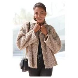 Fellimitatjacke Lascana, Damen, Gr. 34, grau (taupe), Pl&uuml;sch, Obermaterial: 100% Polyester, unifarben, figurumspielend h&uuml;ftlang, Jacken, mit Lederimitat-Eins&auml;tzen, Sherpa-Jacke aus Teddypl&uuml;sch mit Taschen