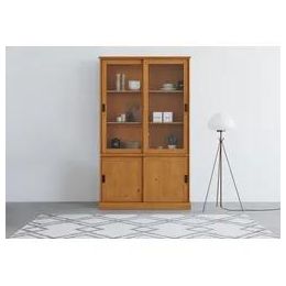 Vitrine OTTO HOME "Schr&ouml;der", beige (natur gebeizt, gewachst), B:114cm H:190cm T:40cm, MDF, Massivholz, Schr&auml;nke, Vitrine, mit 2+2 Schiebet&uuml;ren, aus massivem Kiefernholz, Breite 114 cm