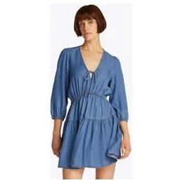 Tommy Hilfiger Blusenkleid TOMMY JEANS "TJW CHAMBRAY MINI DRESS EXT", Damen, Gr. XS (34), N-Gr, blau (denim medium), Web, Obermaterial: 100% Lyocell, unifarben, ausgestellt mini, V-Ausschnitt, elastischer Bund, Kleider Blusenkleid, mit Volant, in Mini-L&auml;nge