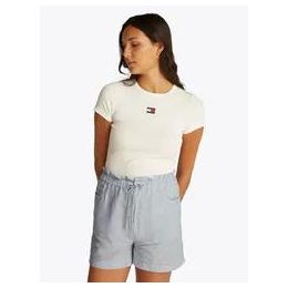 Tommy Hilfiger Shorts TOMMY JEANS "TJW COTTON LINEN SHORT", Damen, Gr. L (40), N-Gr, blau (colorado blau, stripe), Web, Obermaterial: 75% Baumwolle, 25% Leinen, gestreift, normal kurz, Hosen Shorts, mit R&uuml;sche