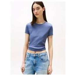 Tommy Hilfiger Kurzarmshirt TOMMY JEANS "TJW ESSENTIAL RIB SHORT SLEEVE EXT", Damen, Gr. L (40), blau moment, Single Jersey, Obermaterial: 95% Baumwolle, 5% Elasthan, unifarben, slim fit h&uuml;ftlang, Rundhals, abgesteppte Kante, Shirts, Baumwollmischung in gerippter Struktur, Slim Fit