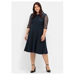 Cocktailkleid sheego "Abendkleid", Damen, Gr. 54, Normalgr&ouml;&szlig;en, blau (nachtblau), 60% Viskose, 35% Polyimid, 5% Elasthan, Spitze:100% Polyimid, unifarben, knielang, Rundhals, Kleider