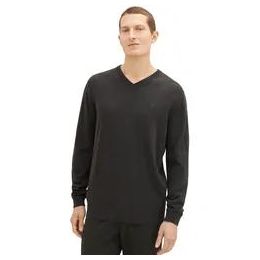 V-Ausschnitt-Pullover Tom Tailor, Herren, Gr. 3XL, schwarz (schwarz grau melange), Strick, Obermaterial: 100% Baumwolle, meliert, regular fit normal, V-Ausschnitt, Rippb&uuml;ndchen, Pullover, mit kleiner Logo-Stickerei