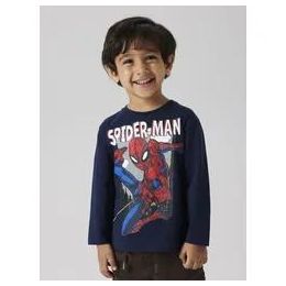 Langarmshirt name it "NMMJUICE SPIDER NREG LS TOP NOOS MAR", Jungen, Gr. 104, blau (navy blazer), Jersey, Obermaterial: 95% Baumwolle, 5% Elasthan, bedruckt, normal normal, Rundhals, Shirts Langarmshirt