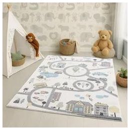 Kinderteppich Carpet City "Anime9376", beige (creme), B:80cm H:11mm L:150cm, Polypropylen (PP), Teppiche, Spielteppich, Stra&szlig;en-Spiel-Teppich, Auto, Weicher Flor, Pflegeleicht, Kinderzimmer