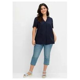 Longbluse sheego, Damen, Gr. 44, blau (tiefblau), 100% Viskose, unifarben, V-Ausschnitt, Blusen Longbluse